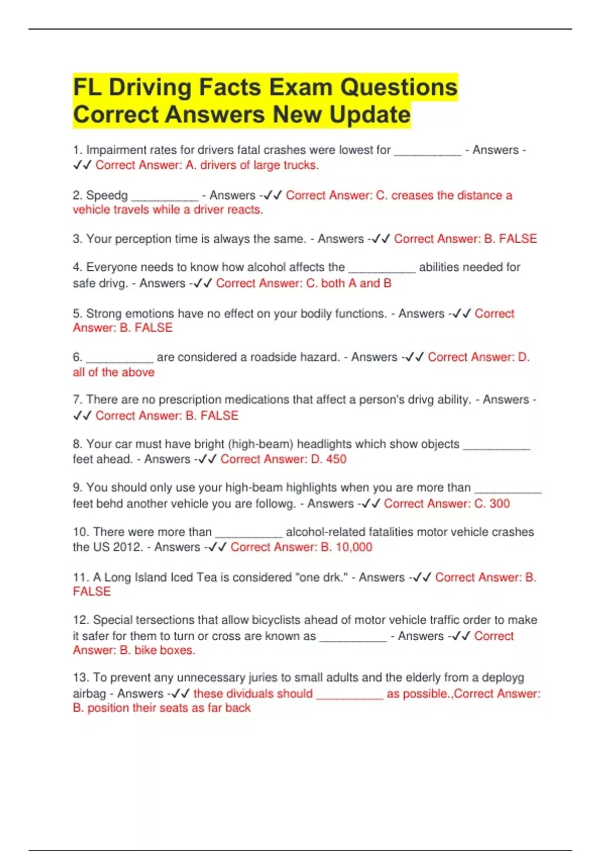 FL Driving Facts Exam Questions Correct Answers New Update - FLs ...