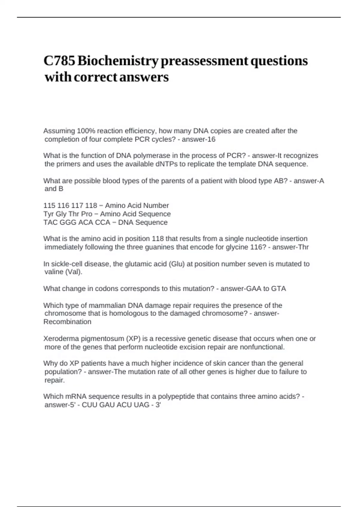 C785 Biochemistry preassessment questions with correct answers ...