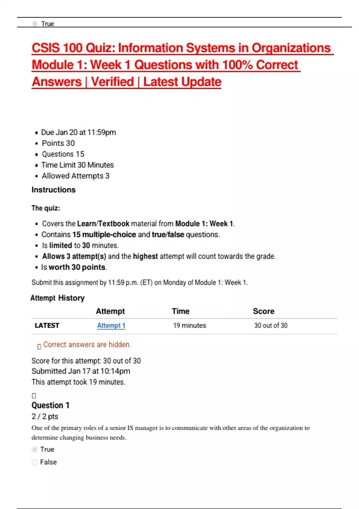CSIS 100 Quiz: Information Systems in Organizations Module 1: Week 1 Questions with 100% Correct ...