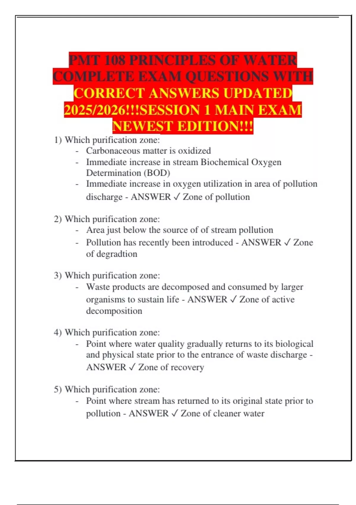 PMT 108 PRINCIPLES OF WATER COMPLETE EXAM QUESTIONS WITH CORRECT ...