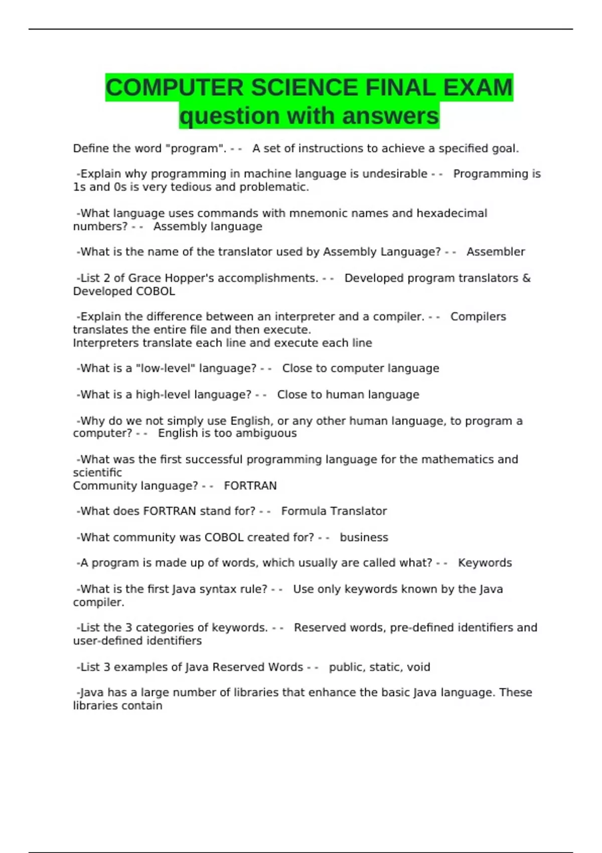 COMPUTER SCIENCE FINAL EXAM question with answers - COMPUTER SCIENCE - Stuvia US