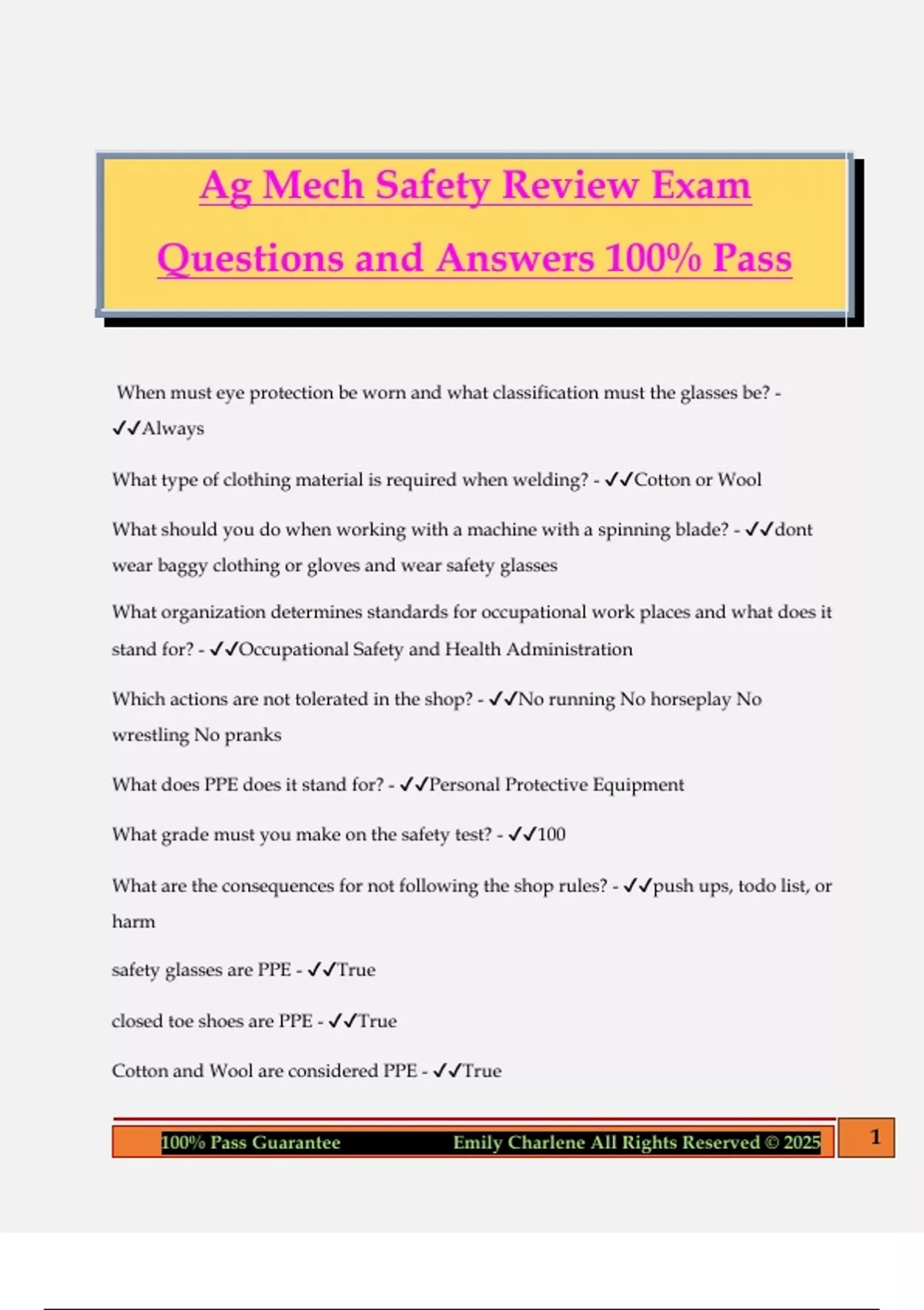 Ag Mech Safety Review Exam Questions and Answers 100% Pass - Ag Mech ...
