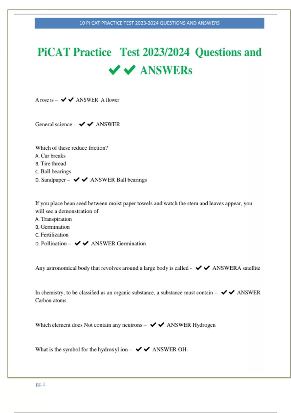 PiCAT Practice Test Questions and ANSWERS.pdf - Picat - Stuvia US