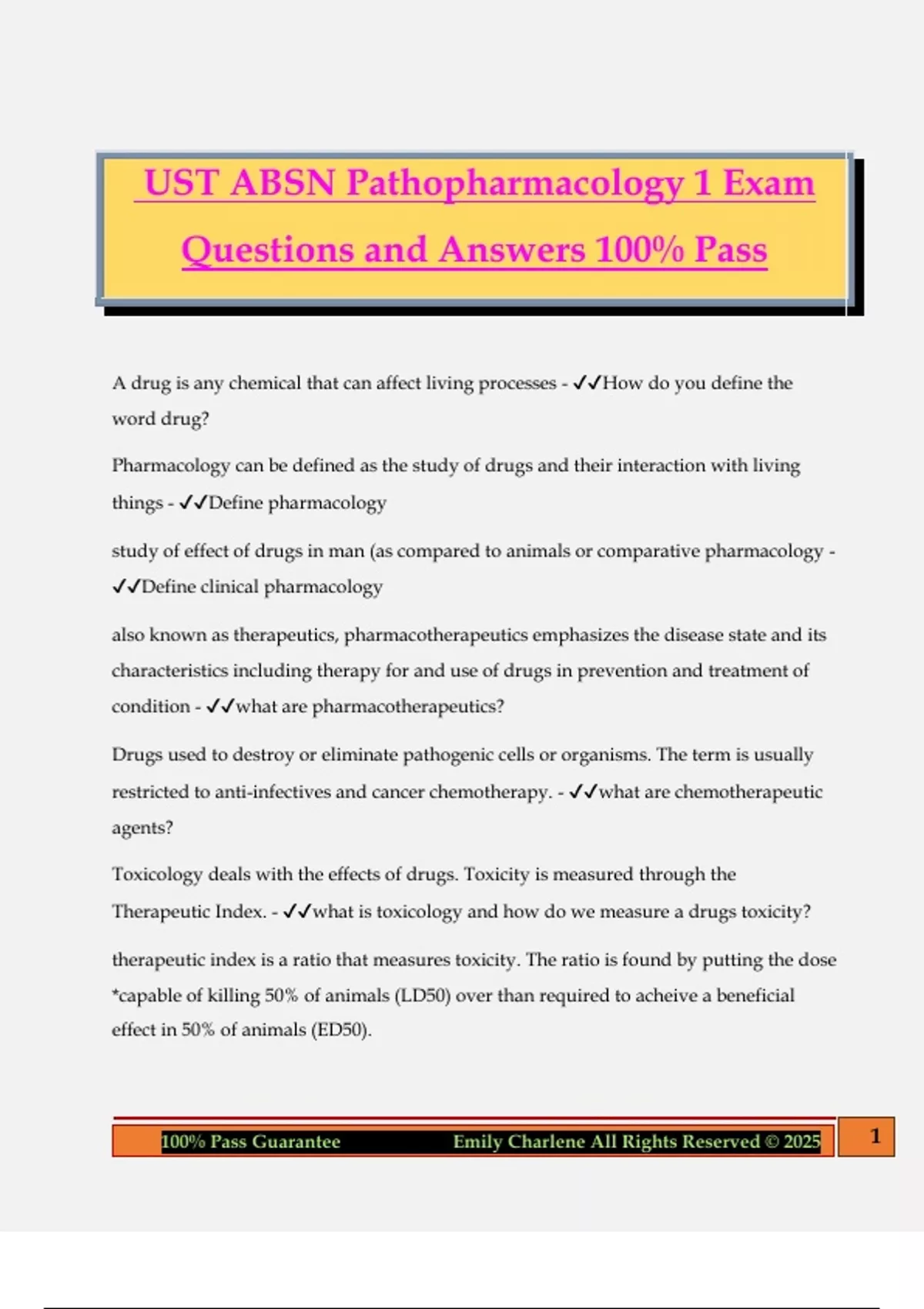 UST ABSN Pathopharmacology 1 Exam Questions and Answers 100% Pass ...