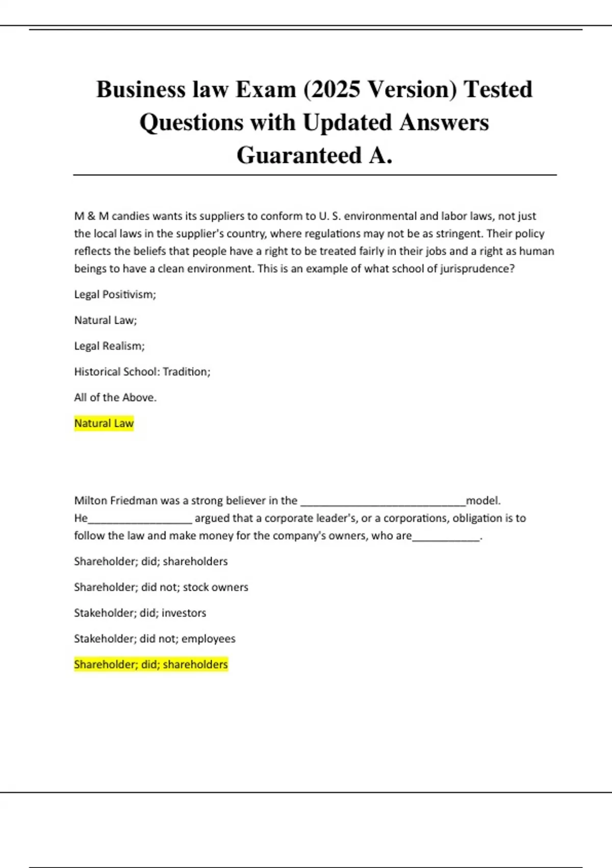 Business law Exam (2025 Version) Tested Questions with Updated Answers ...