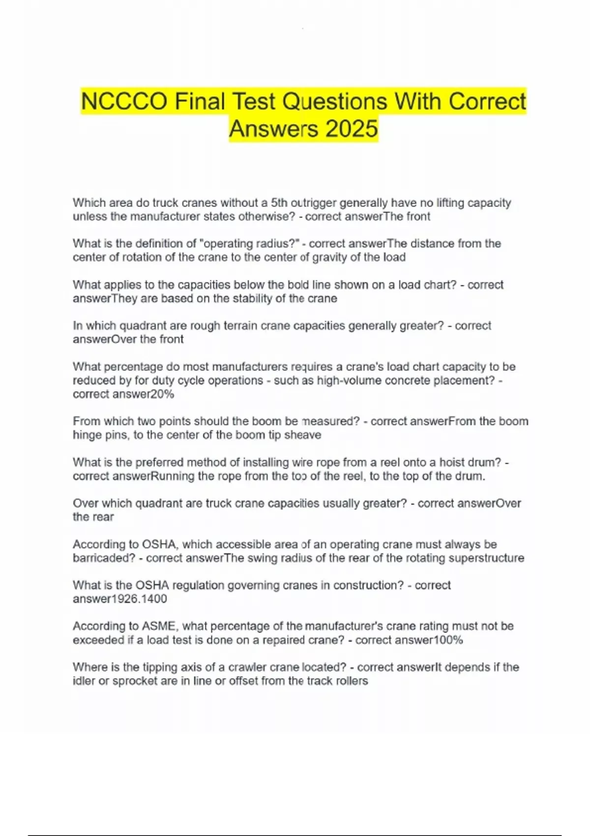 NCCCO Final Test Questions With Correct Answers 2025 - NCCCO - Stuvia US