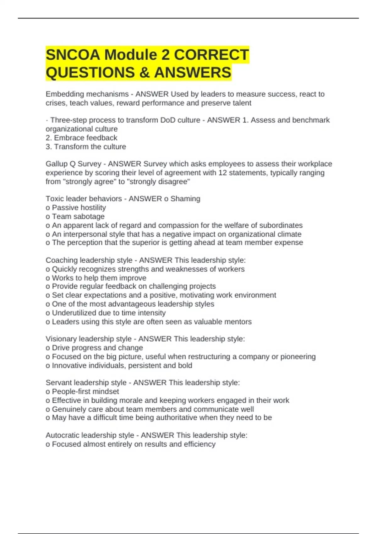 SNCOA Module 2 CORRECT QUESTIONS & ANSWERS - SNCOA - Stuvia US