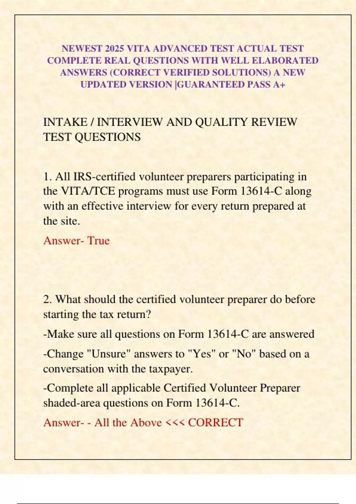 NEWEST 2025 VITA ADVANCED TEST ACTUAL TEST COMPLETE REAL QUESTIONS WITH ...