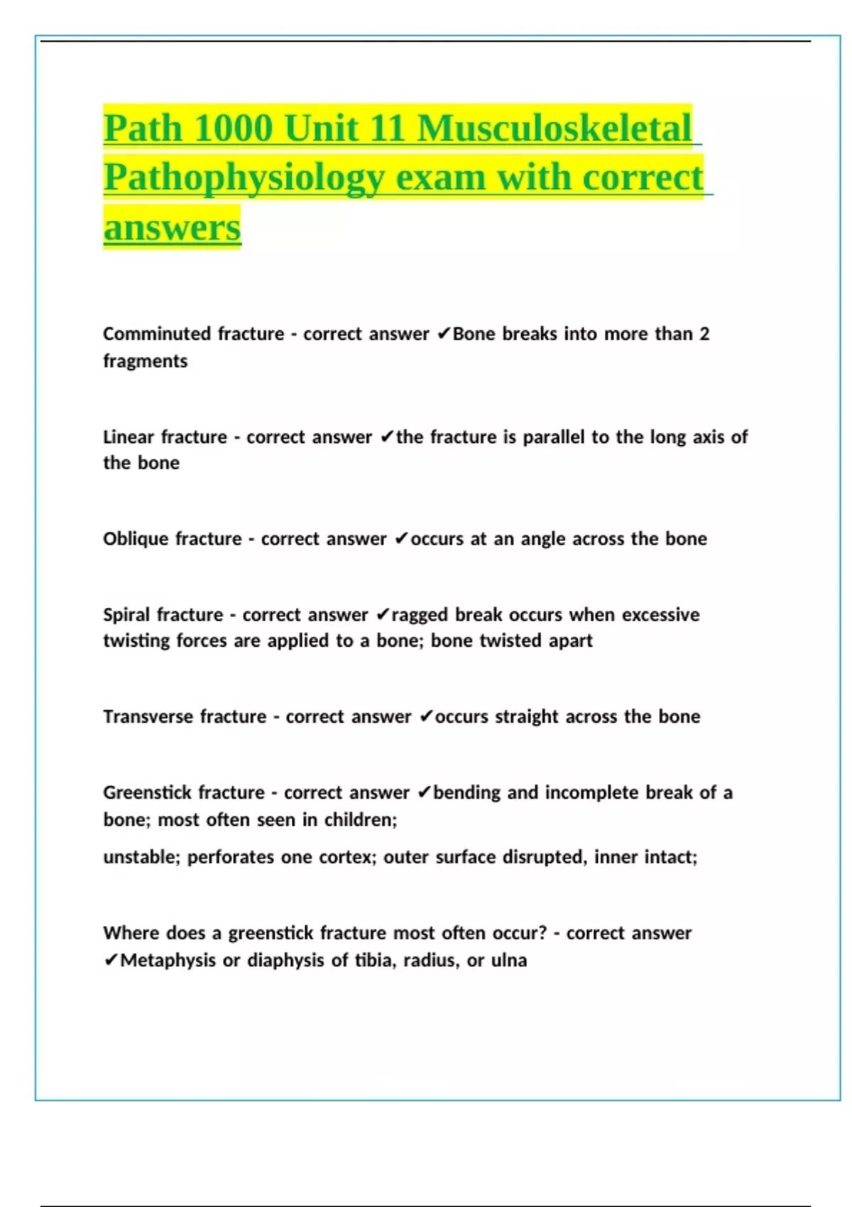 Path 1000 Unit 11 Musculoskeletal Pathophysiology exam with correct ...