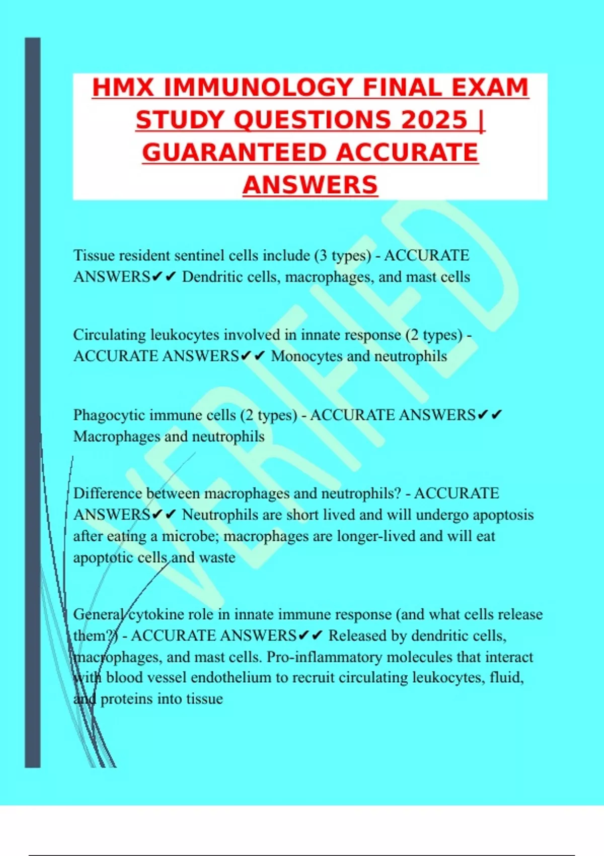 HMX IMMUNOLOGY FINAL EXAM STUDY QUESTIONS 2025 |GUARANTEED ACCURATE ANSWERS - HMX Immunology ...