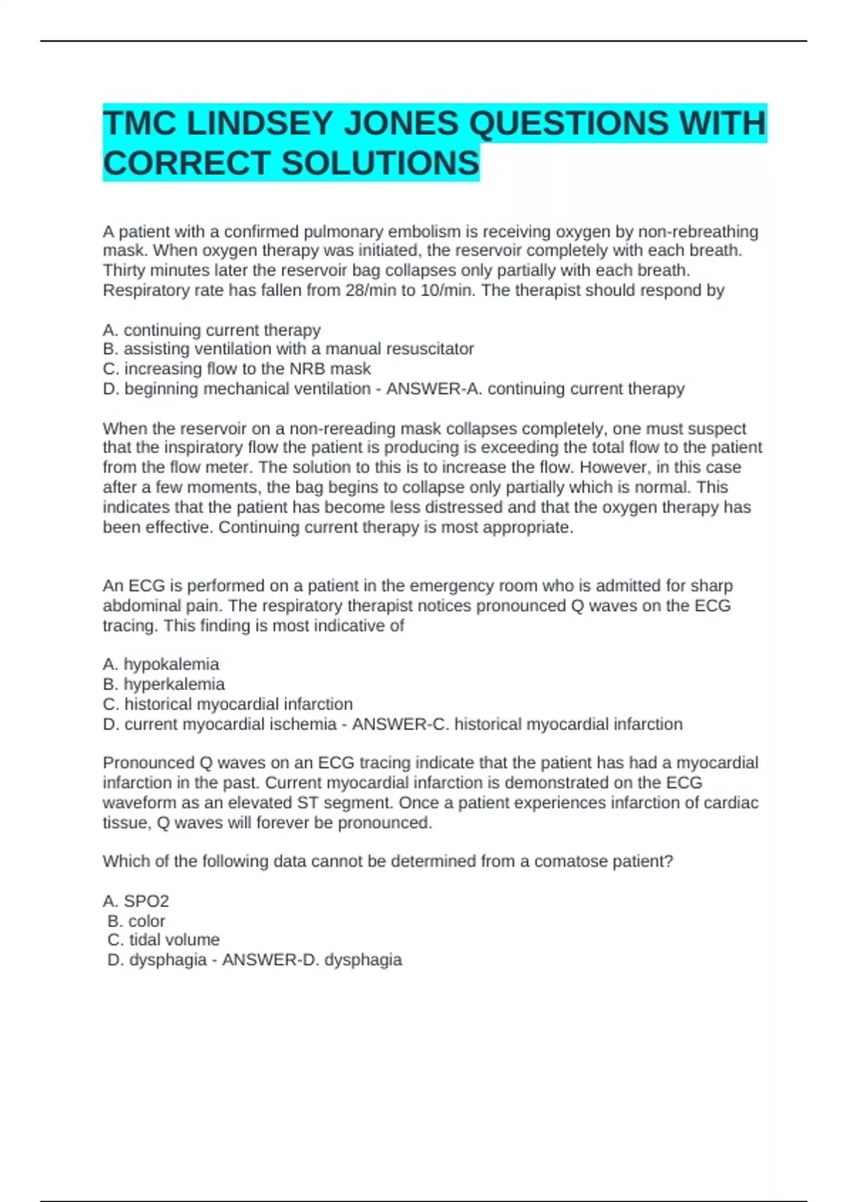 TMC LINDSEY JONES QUESTIONS WITH CORRECT SOLUTIONS - TMC LINDSEY JONES ...