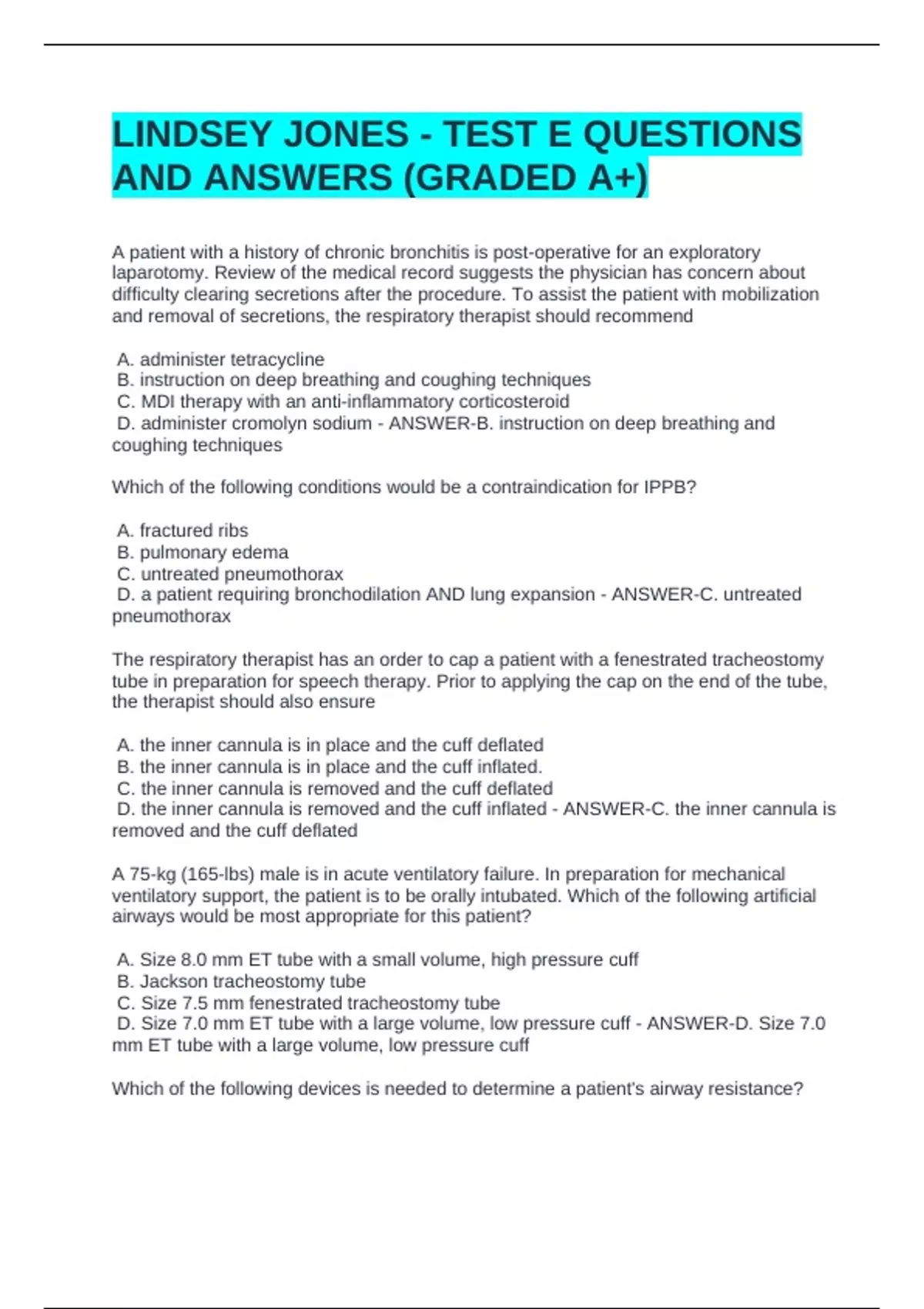 LINDSEY JONES - TEST E QUESTIONS AND ANSWERS (GRADED A+) - LINDSEY ...