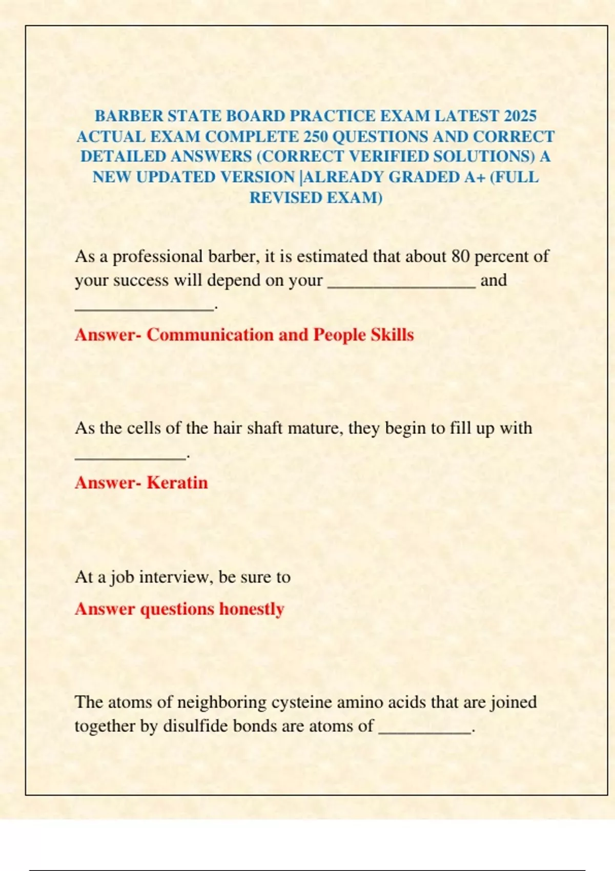 BARBER STATE BOARD PRACTICE EXAM LATEST 2025 ACTUAL EXAM COMPLETE 250 ...