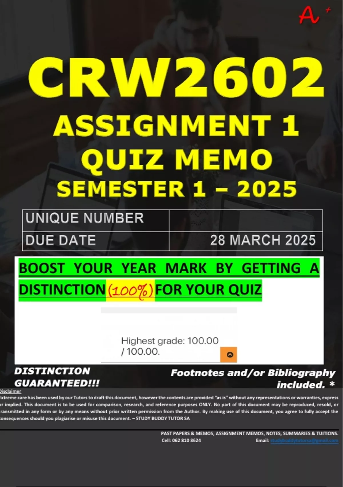 CRW2602 ASSIGNMENT 1 QUIZ MEMO - SEMESTER 1 - 2025 - UNISA – DUE DATE ...