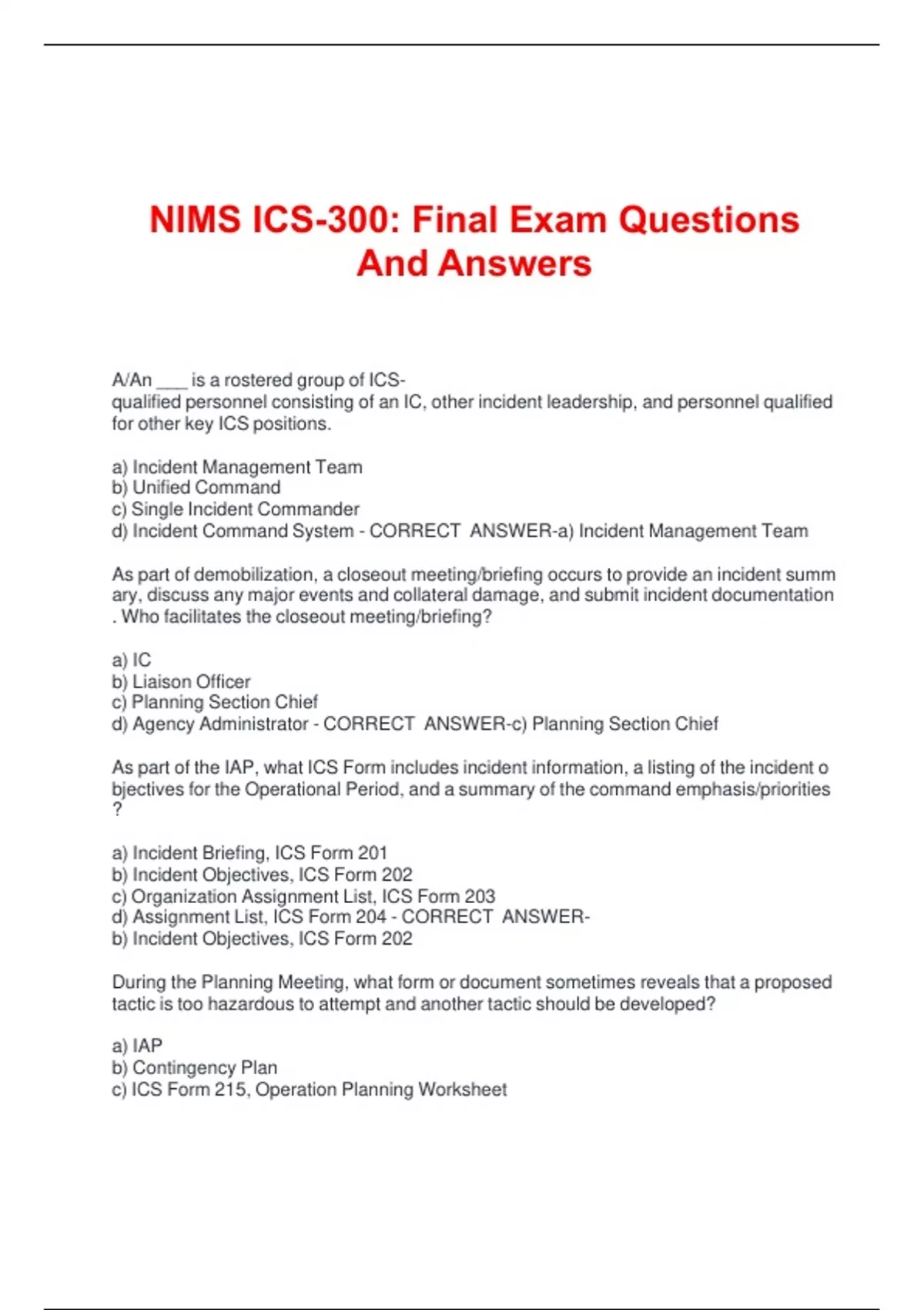 NIMS ICS-300: Final Exam Questions And Answers - NIMS ICS-300: - Stuvia US