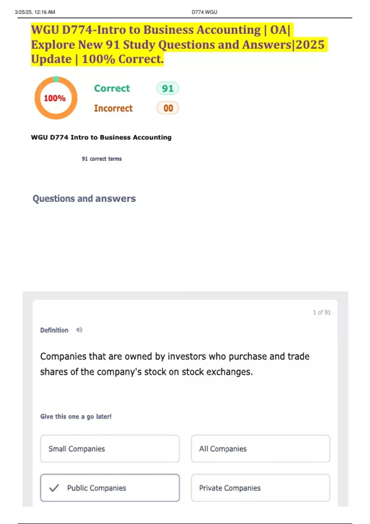 WGU D774-Intro to Business Accounting | OA| Explore New 91 Study Questions and Answers|2025 ...