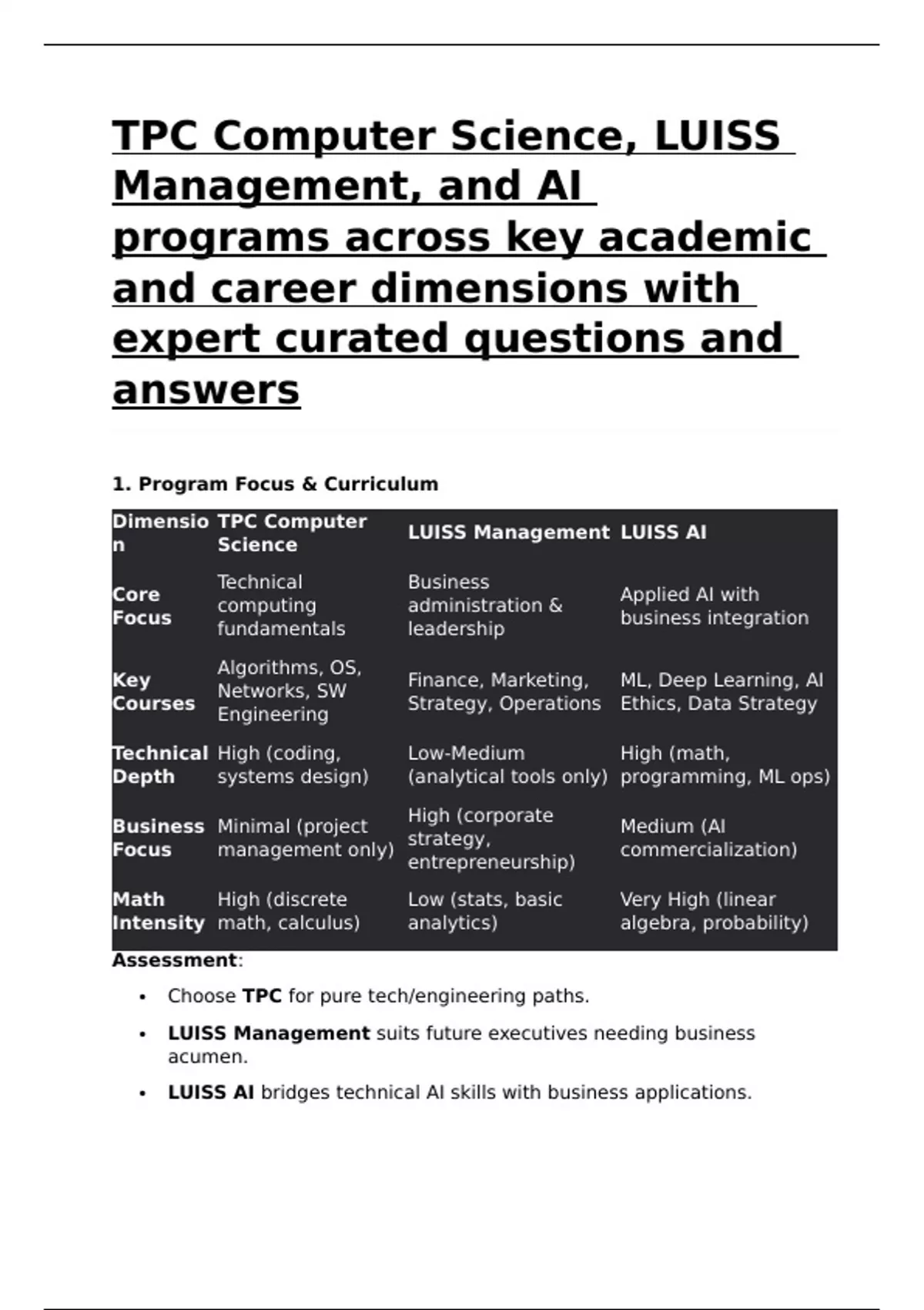 TPC Computer Science, LUISS Management, and AI programs across key ...