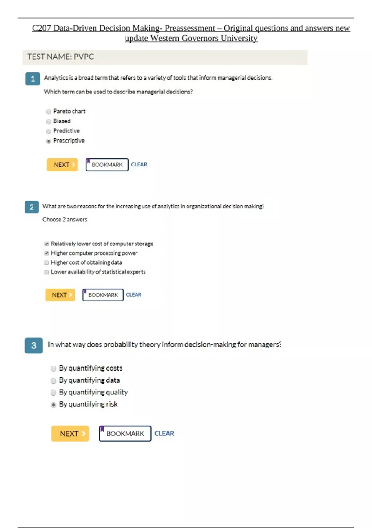 C207 Data-Driven Decision Making- Preassessment – Original questions ...