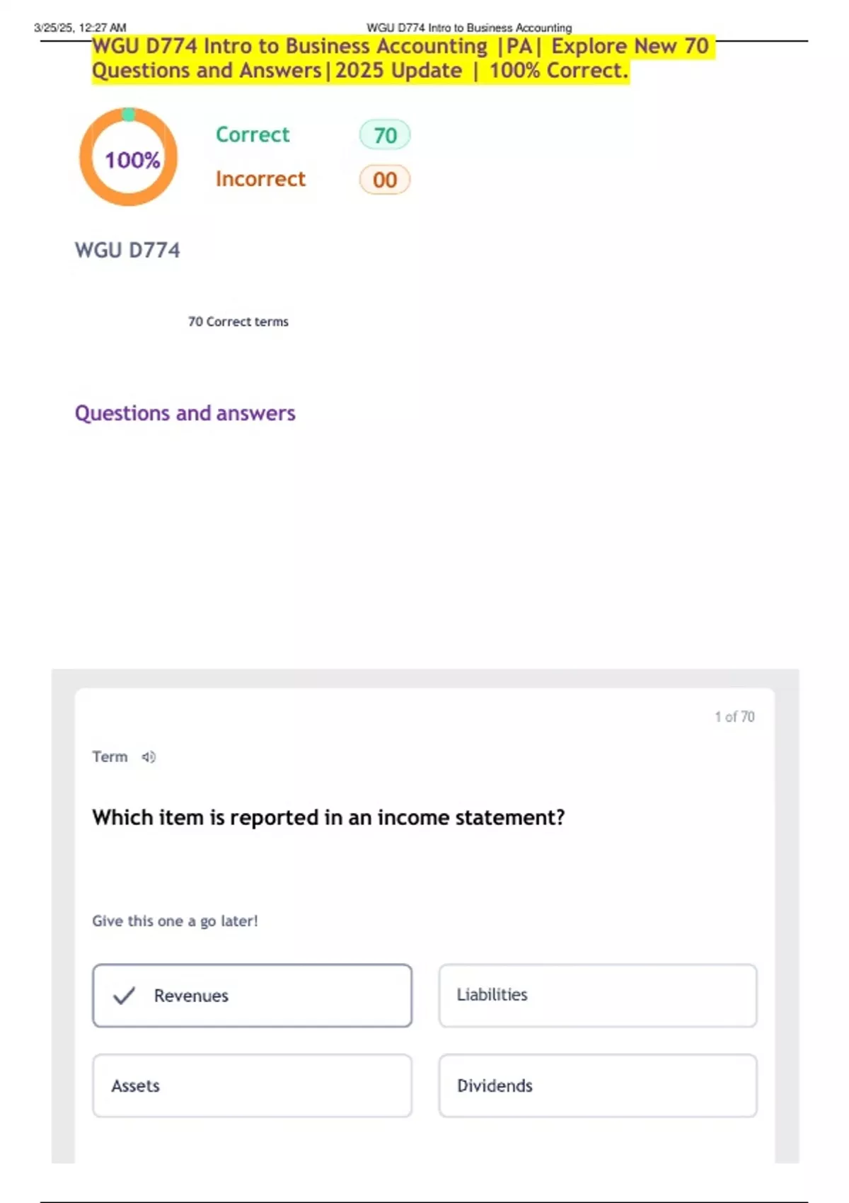 WGU D774 Intro to Business Accounting |PA| Explore New 70 Questions and Answers|2025 Update ...