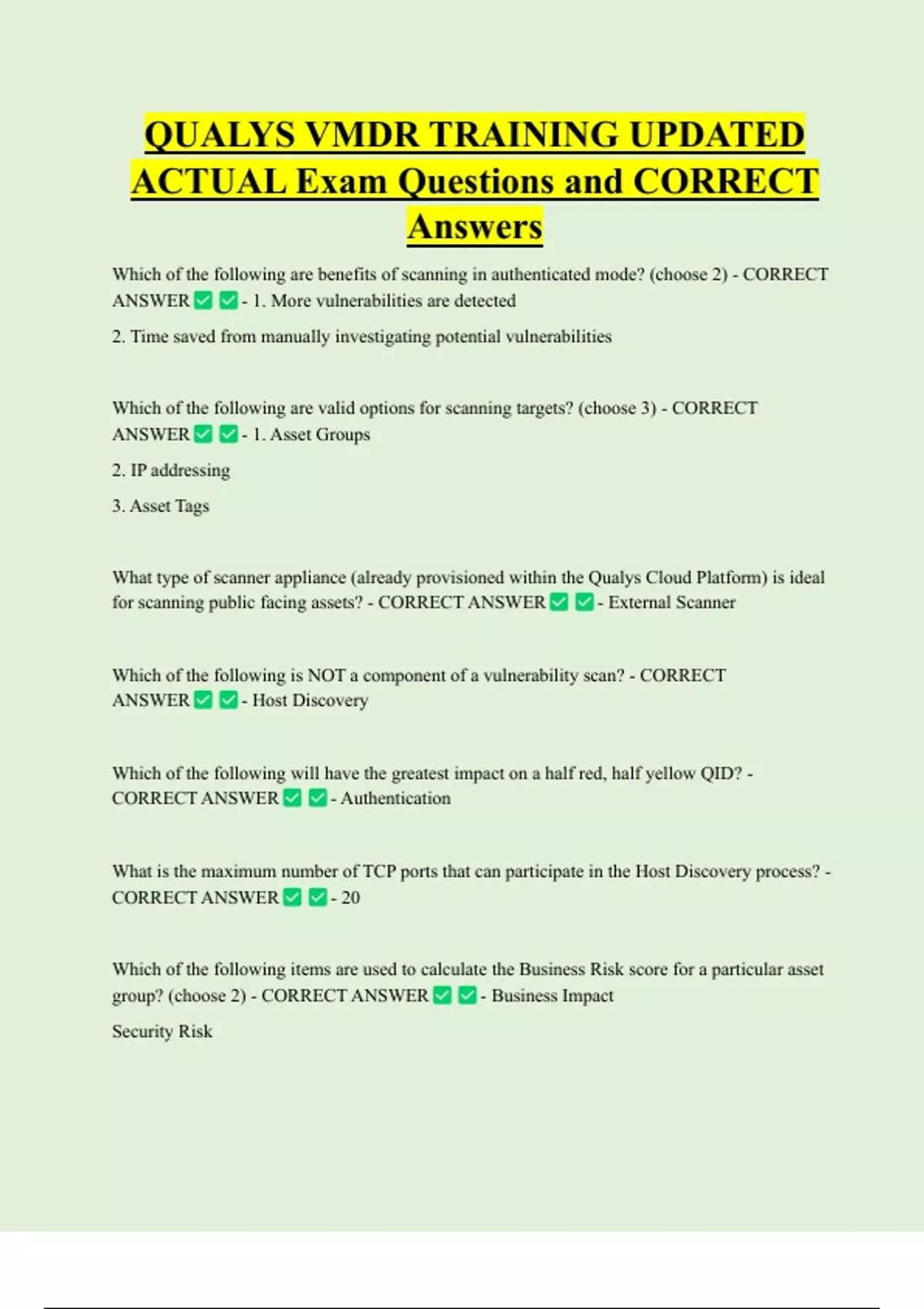 QUALYS VMDR TRAINING UPDATED ACTUAL Exam Questions and CORRECT Answers ...