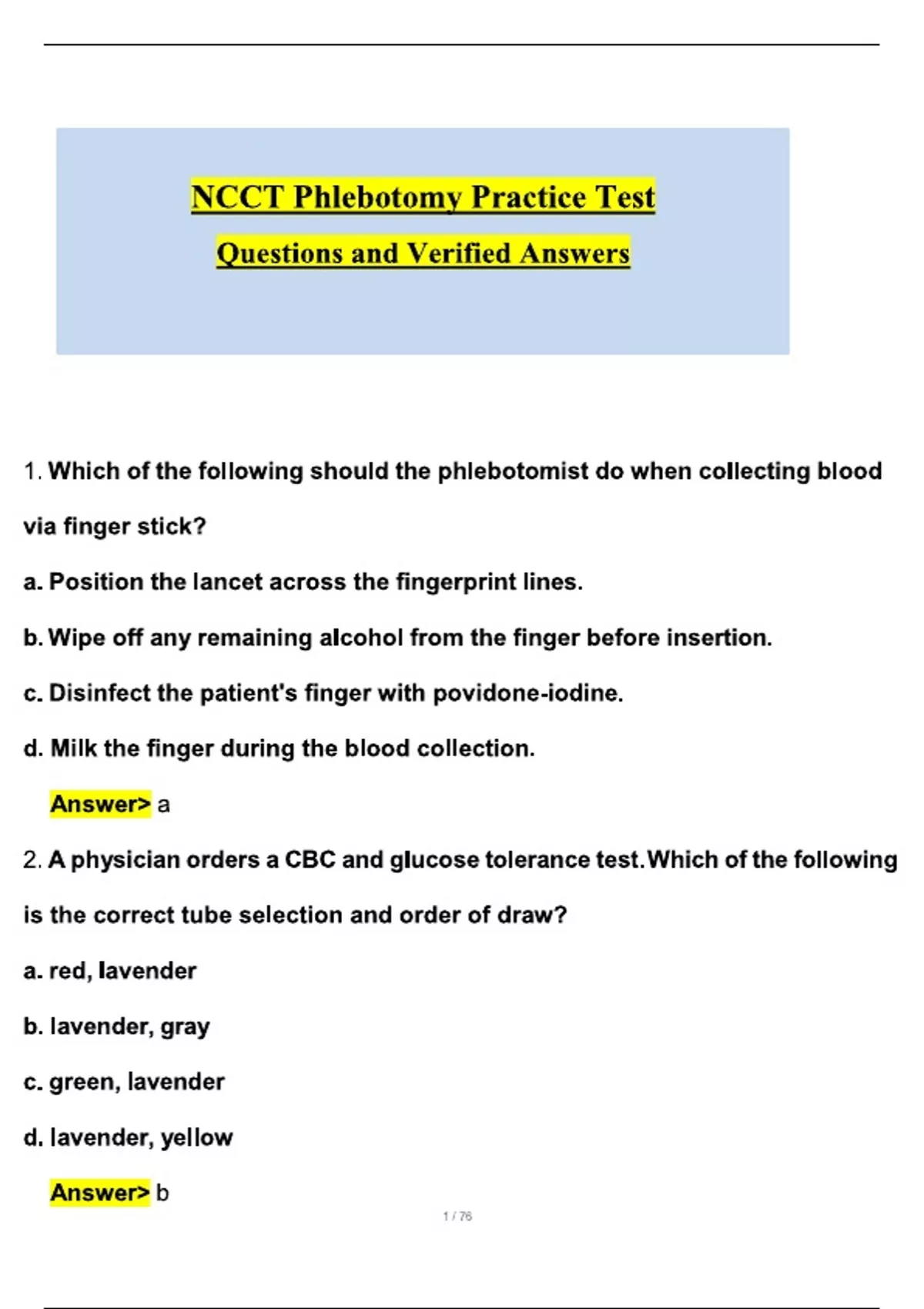 NCCT Phlebotomy Practice Test Questions and Verified Answers | 100% ...