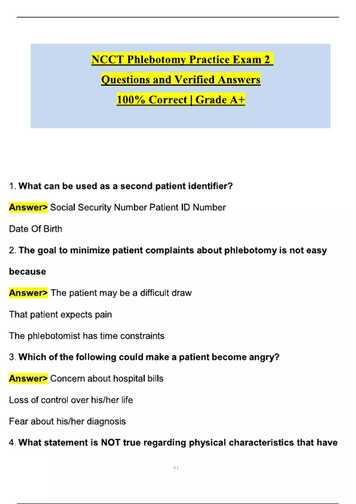 NCCT Phlebotomy Practice Exam 2 (Latest 2025 / 2026 Update) Questions ...