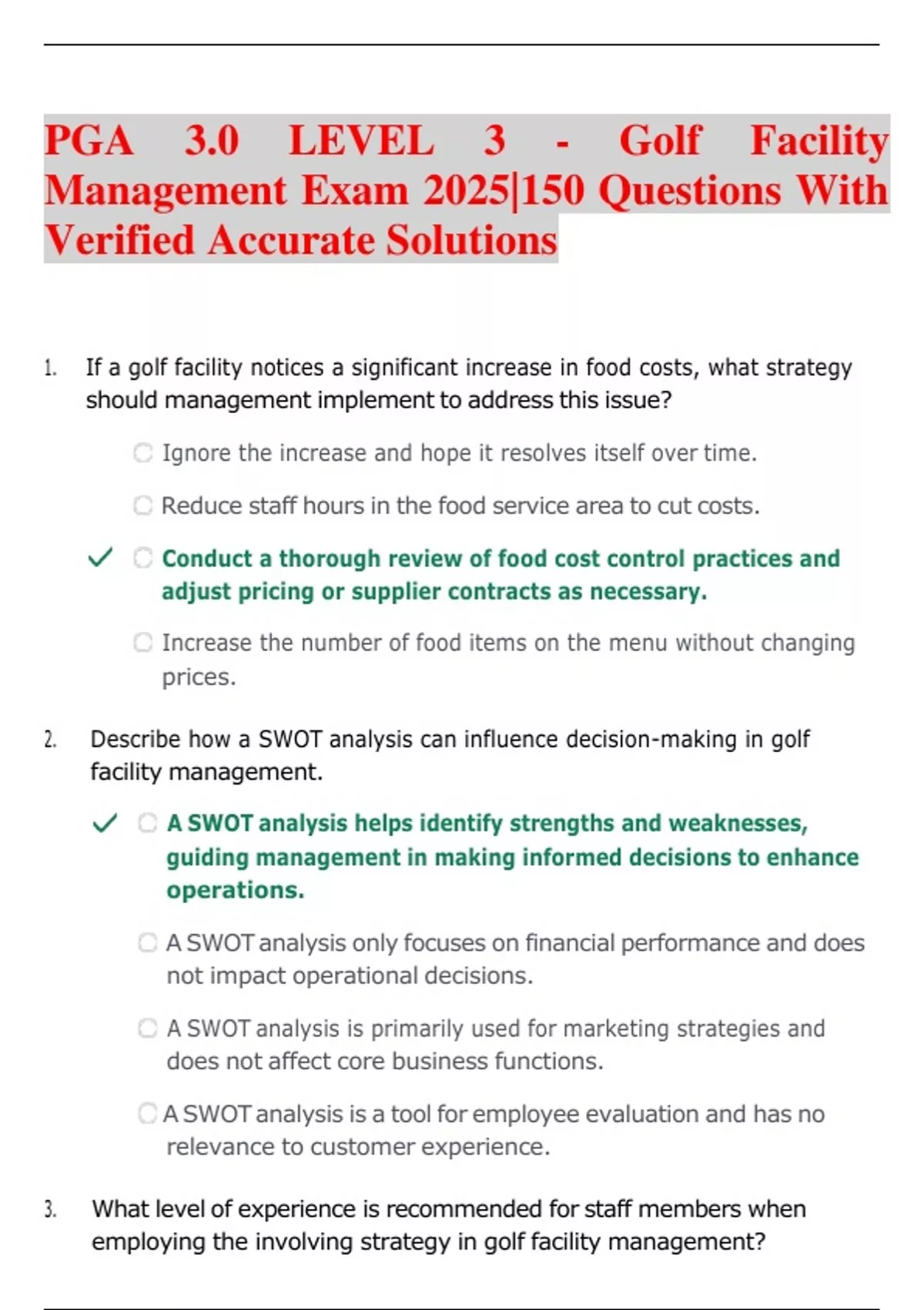 PGA 3.0 LEVEL 3 - Golf Facility Management Exam 2025|150 Questions With Verified Accurate ...