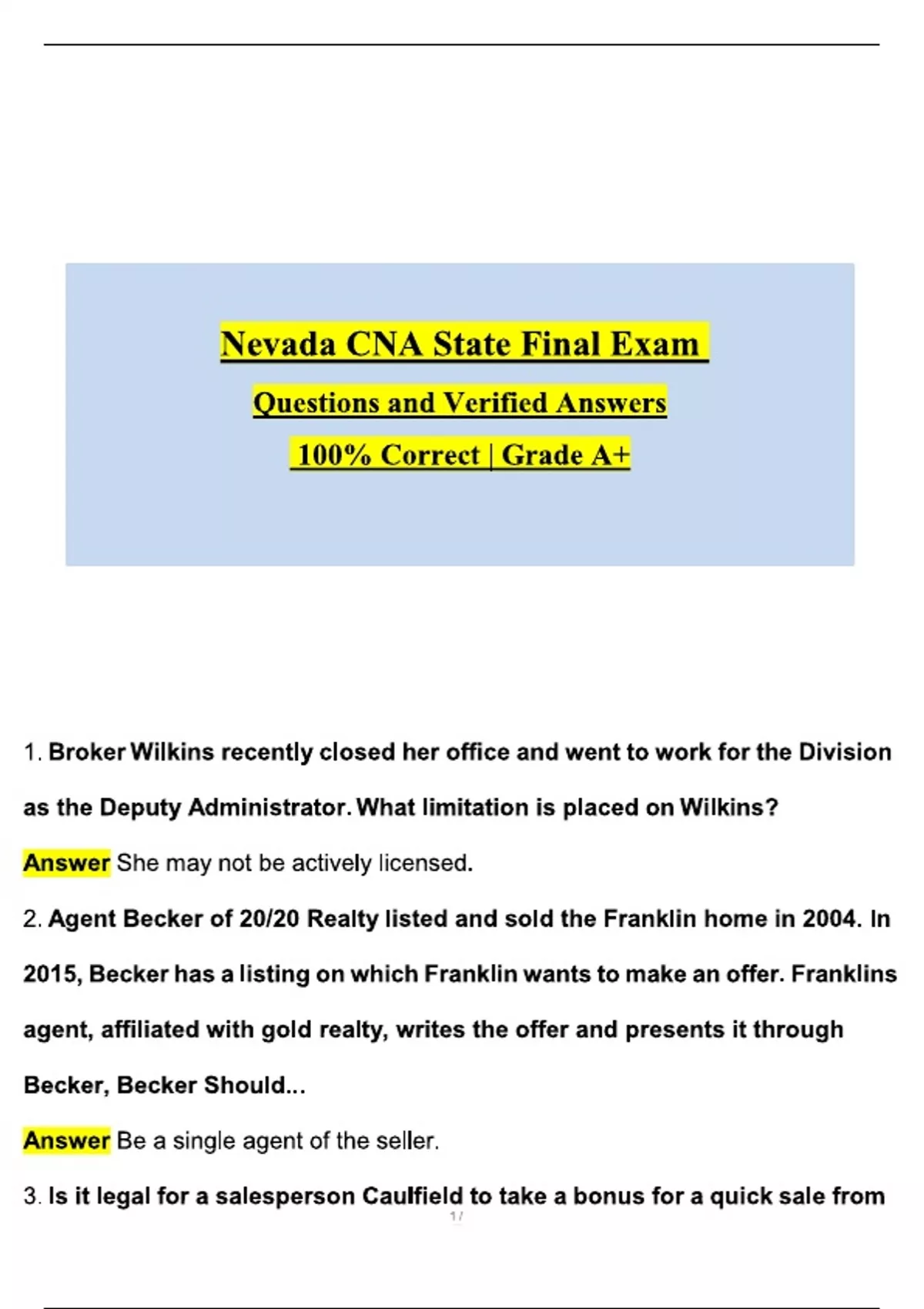 Nevada CNA State Final Exam (2025 / 2026 Update) Questions and Verified ...