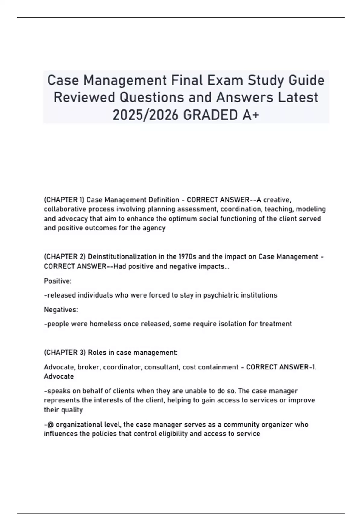 Case Management Final Exam Study Guide Reviewed Questions and Answers ...