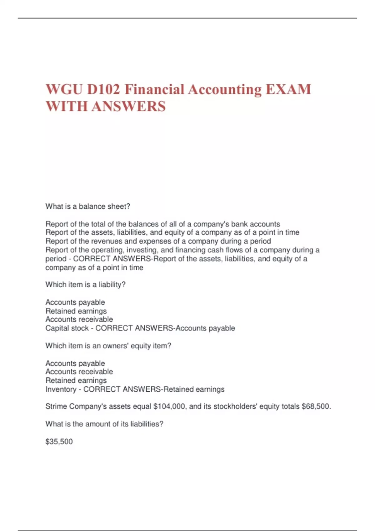 WGU D102 Financial Accounting EXAM WITH ANSWERS 2025 - WGU - Stuvia US