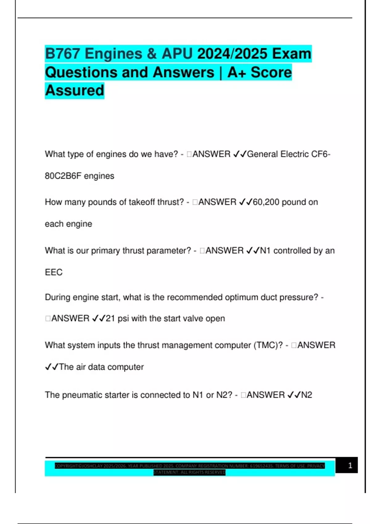 B767 Engines & APU 2024/2025 Exam Questions and Answers | A+ Score Assured - B767 Engines & APU ...