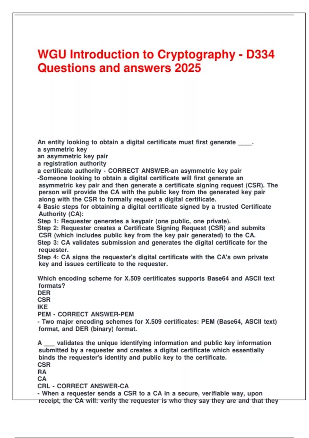 WGU Introduction to Cryptography - D334 Questions and answers 2025. - WGU D334 - Stuvia US