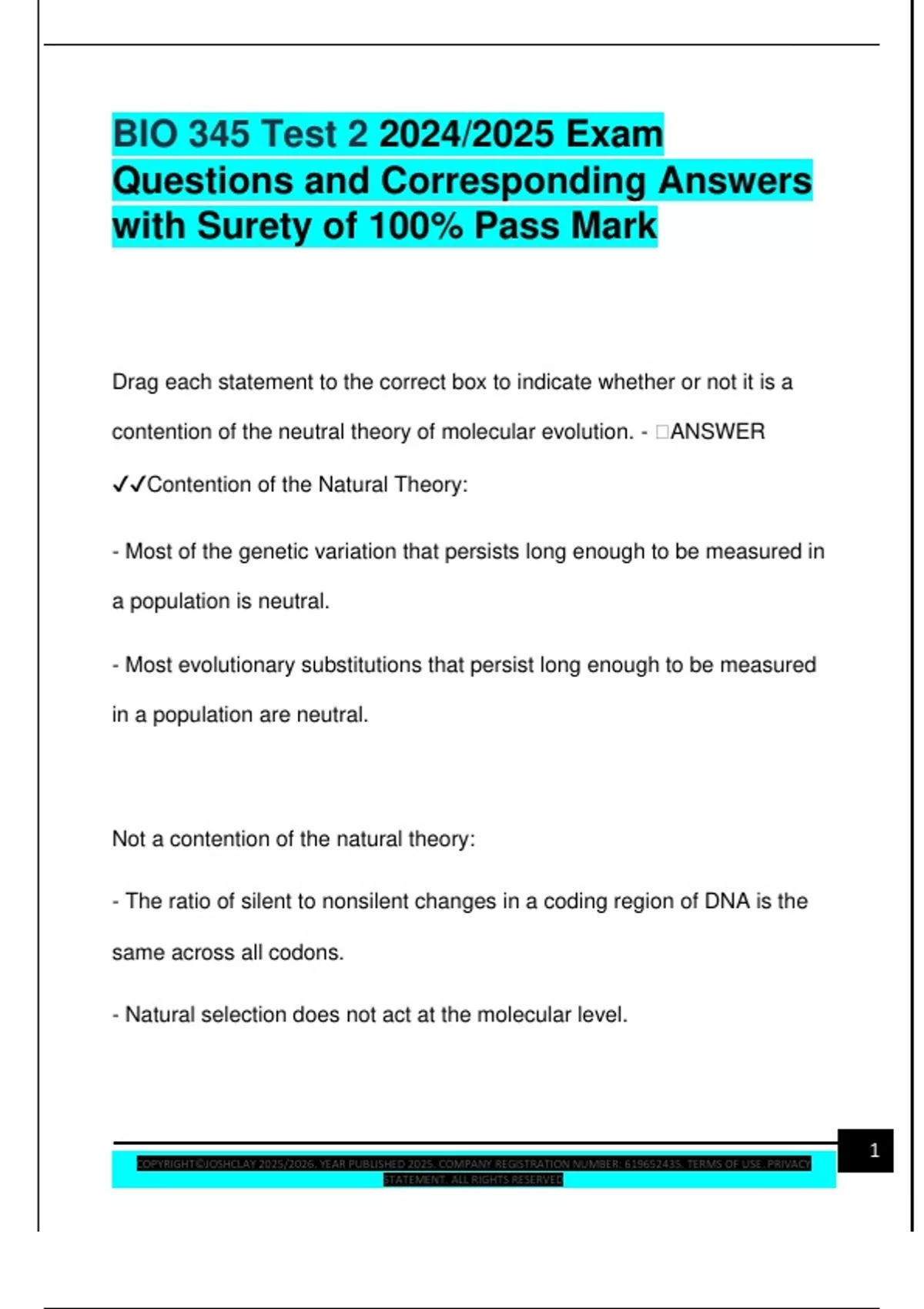 BIO 345 Test 2 2024/2025 Exam Questions and Corresponding Answers with ...
