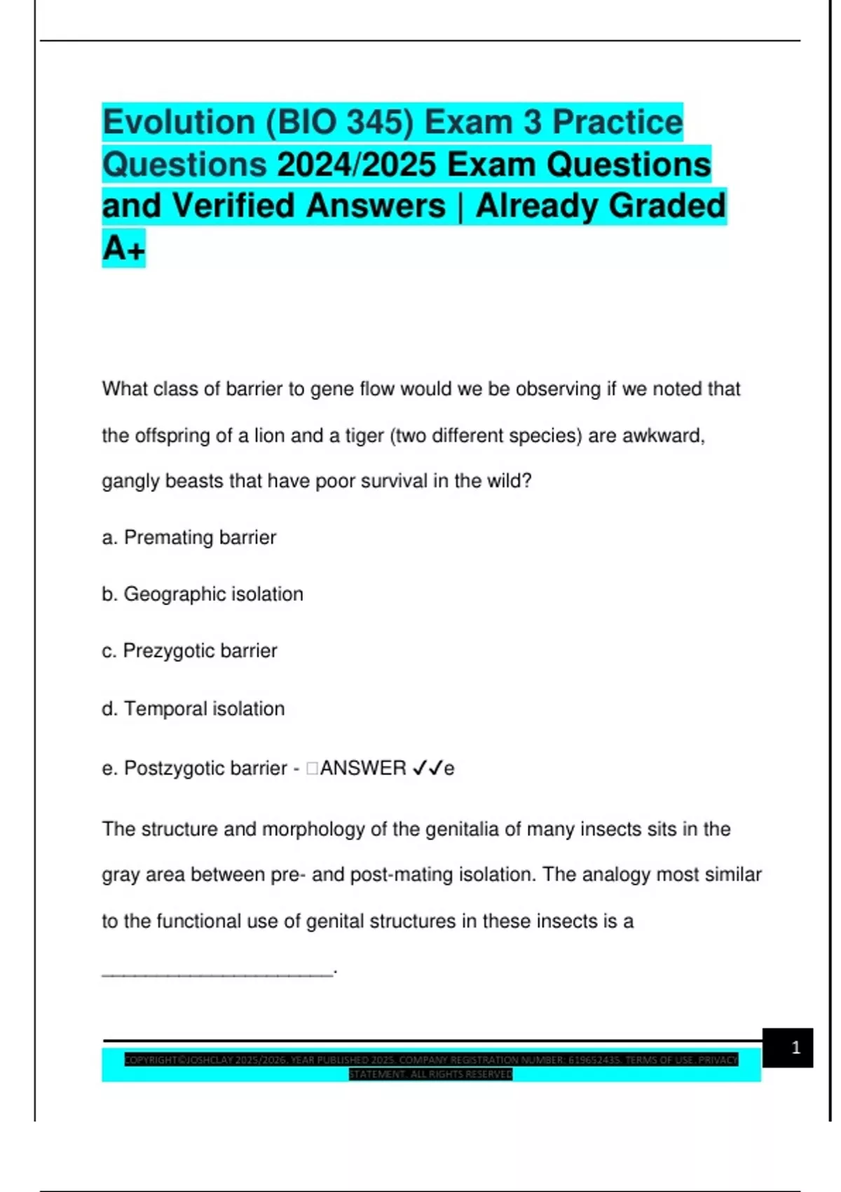 Evolution (BIO 345) Exam 3 Practice Questions 2024/2025 Exam Questions ...