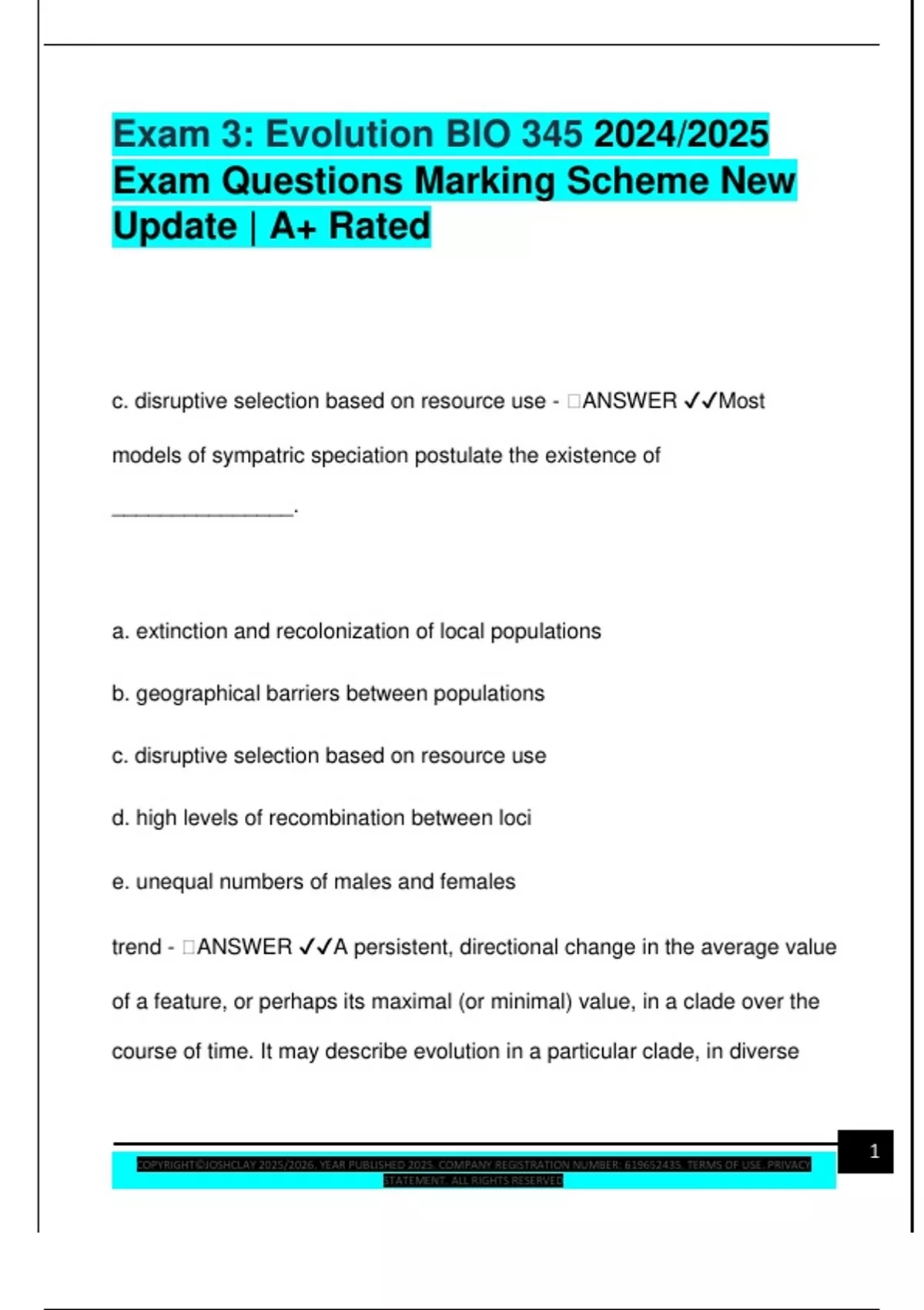 Exam 3: Evolution BIO 345 2024/2025 Exam Questions Marking Scheme New ...