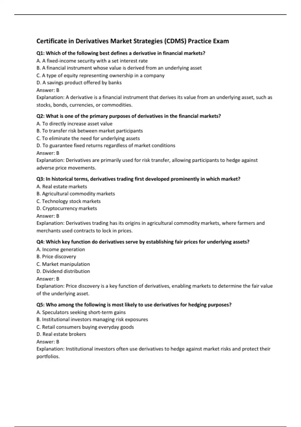 Certificate in Derivatives Market Strategies (CDMS) Practice Exam ...