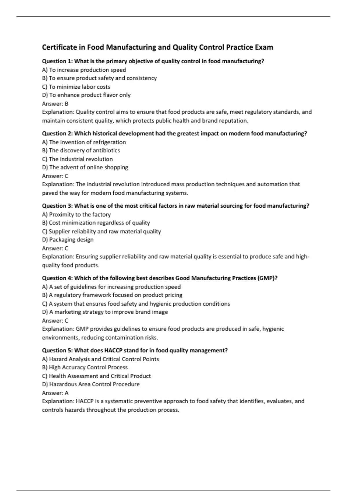 Certificate in Food Manufacturing and Quality Control Practice Exam ...