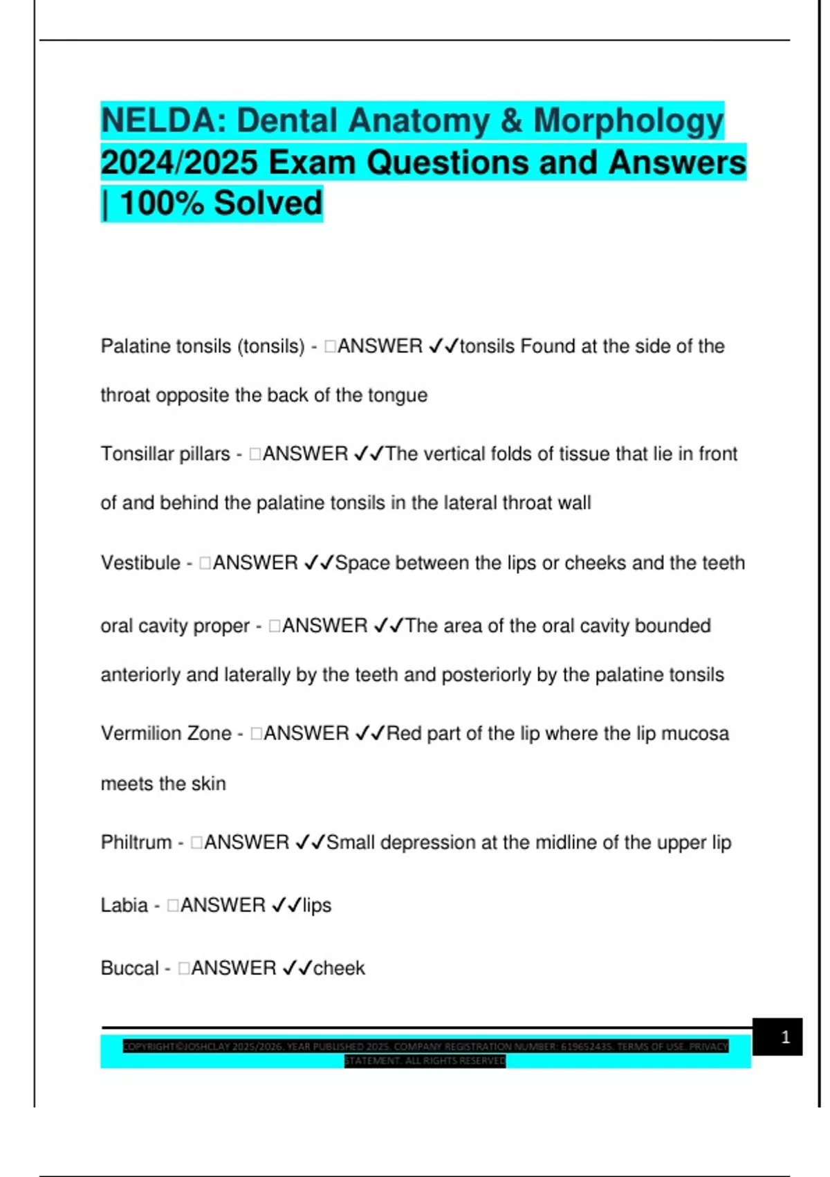 NELDA: Dental Anatomy & Morphology 2024/2025 Exam Questions and Answers ...