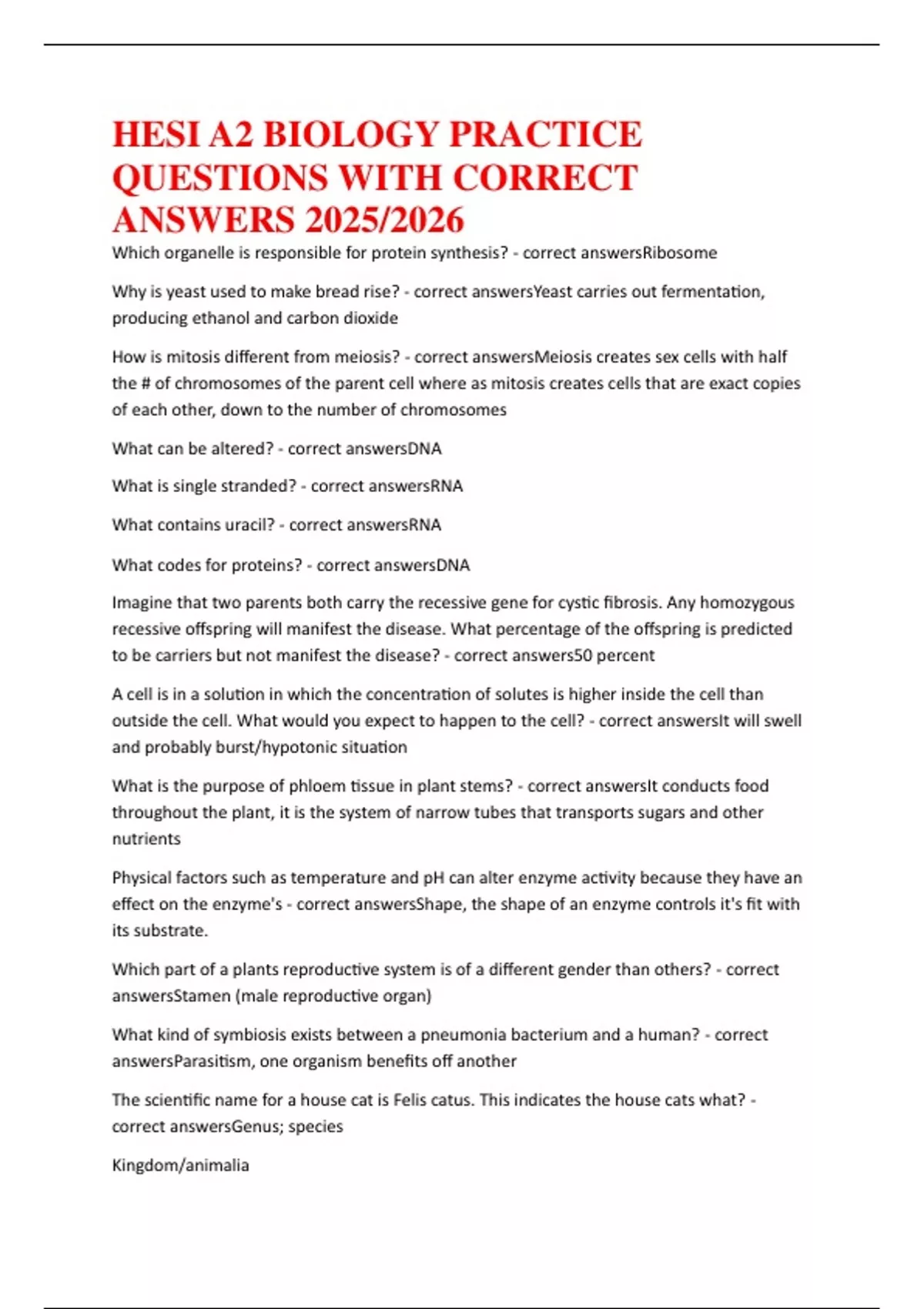 HESI A2 BIOLOGY PRACTICE QUESTIONS WITH CORRECT ANSWERS 2025. - HESI A2 ...