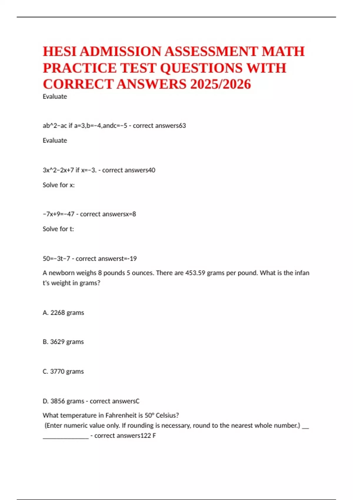 HESI ADMISSION ASSESSMENT MATH PRACTICE TEST QUESTIONS WITH CORRECT ...