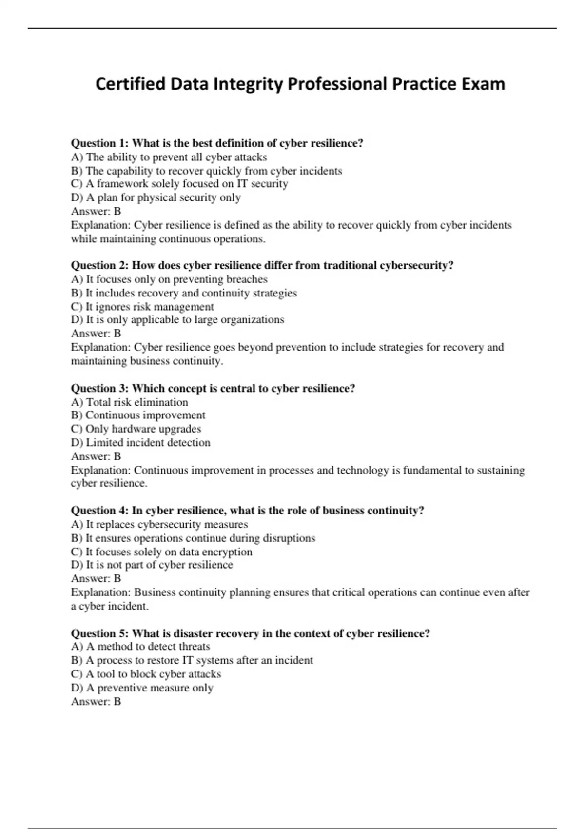 Certified Data Integrity Professional Practice Exam - Computers - Stuvia US