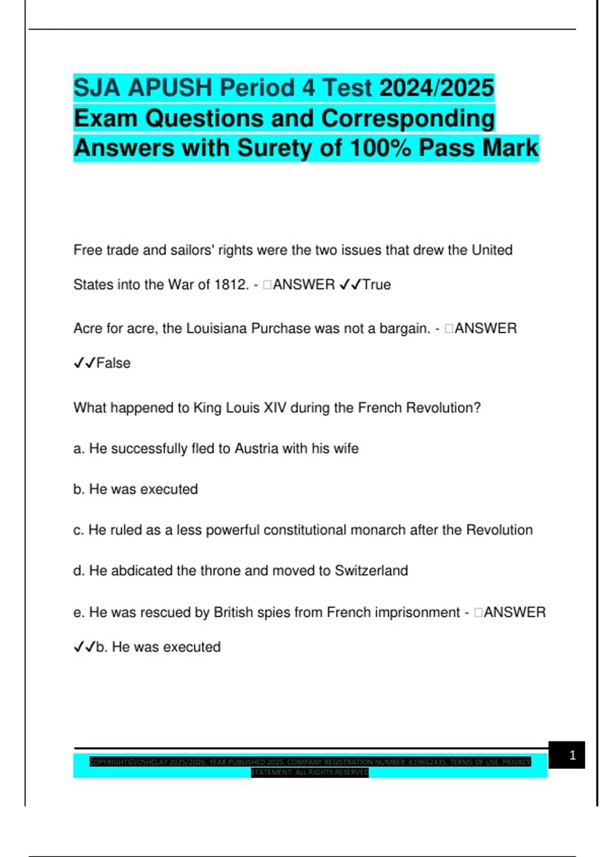 SJA APUSH Period 4 Test 2024/2025 Exam Questions and Corresponding ...