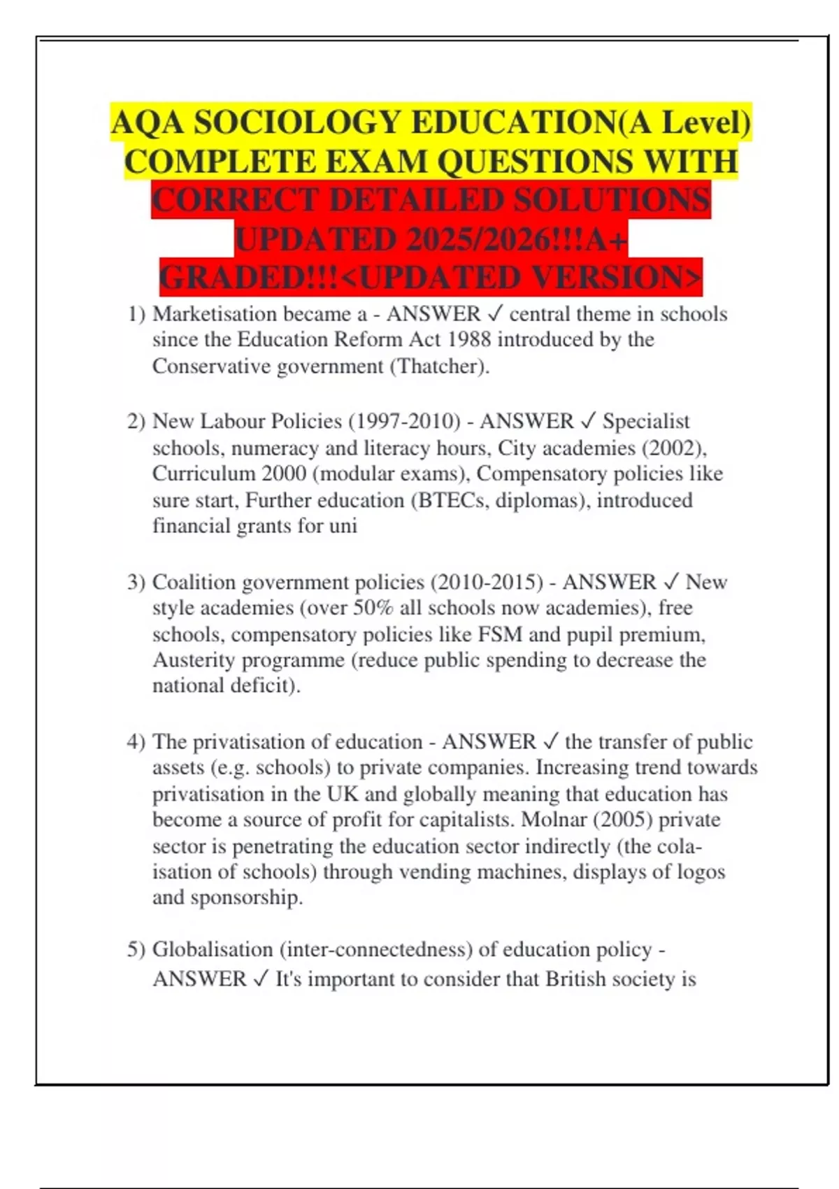 AQA SOCIOLOGY EDUCATION(A Level) COMPLETE EXAM QUESTIONS WITH CORRECT ...
