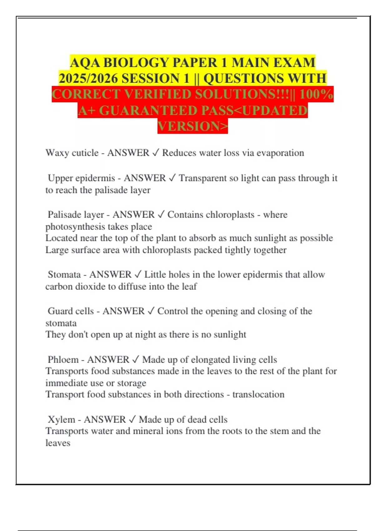 AQA BIOLOGY PAPER 1 MAIN EXAM 2025/2026 SESSION 1 || QUESTIONS WITH ...