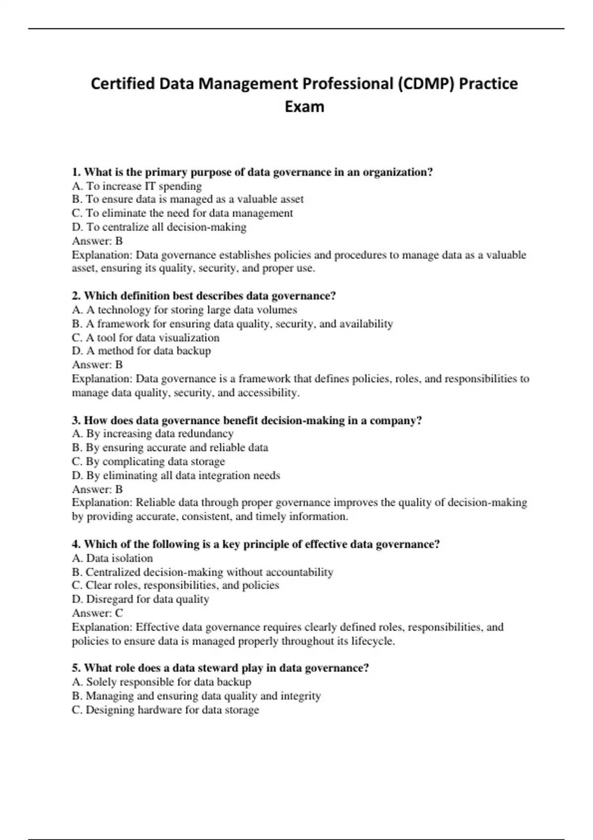 Certified Data Management Professional (CDMP) Practice Exam - Computers ...