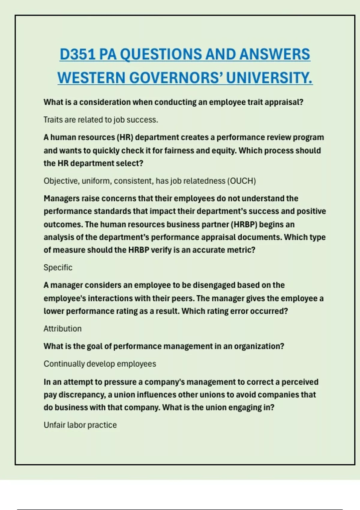 D351 PA QUESTIONS AND ANSWERS WESTERN GOVERNORS’ UNIVERSITY. - D351 ...