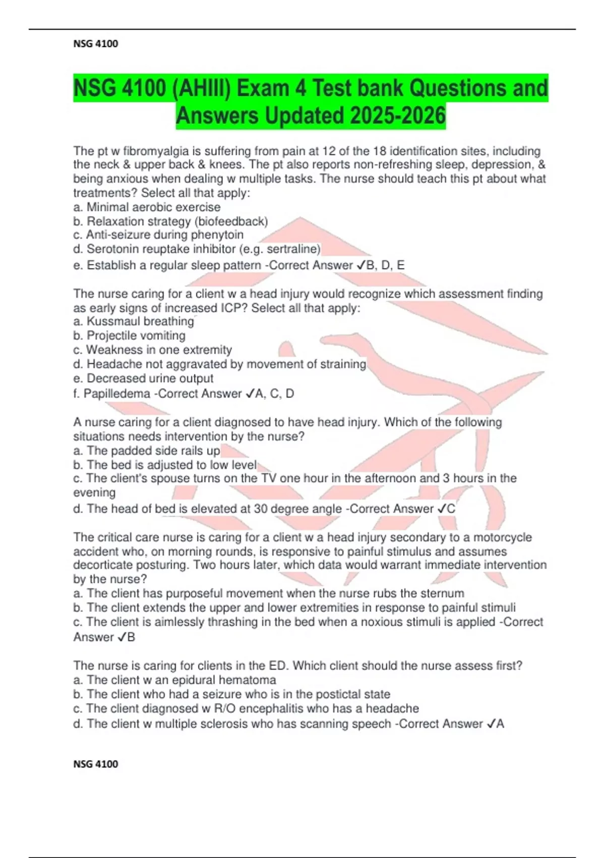 NSG 4100 (AHIII) Exam 4 Test bank Questions and Answers Updated - NSG ...