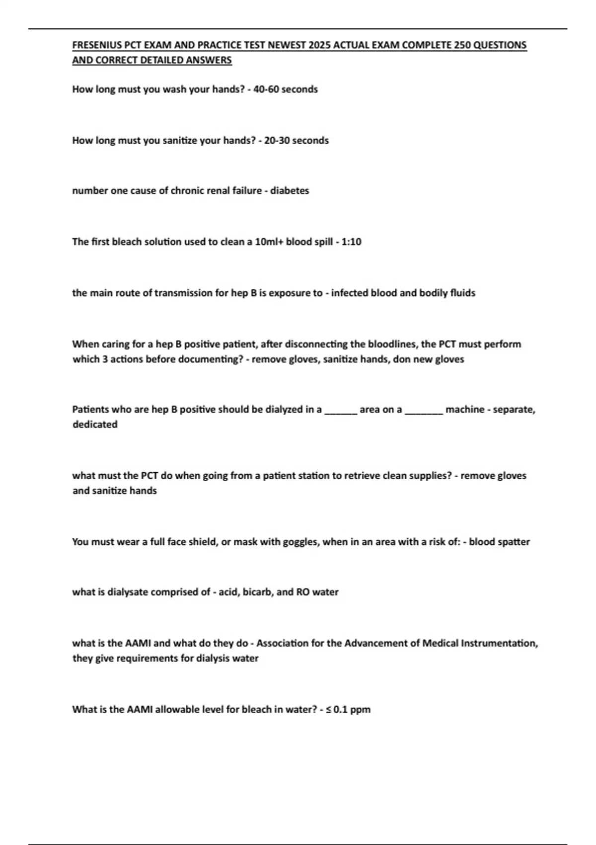 FRESENIUS PCT EXAM AND PRACTICE TEST NEWEST 2025 ACTUAL EXAM COMPLETE ...