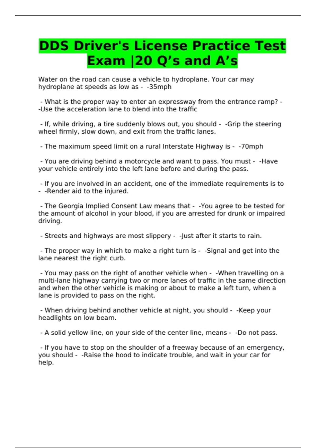 DDS Driver's License Practice Test Exam |20 Q’s and A’s - DDS Driver ...