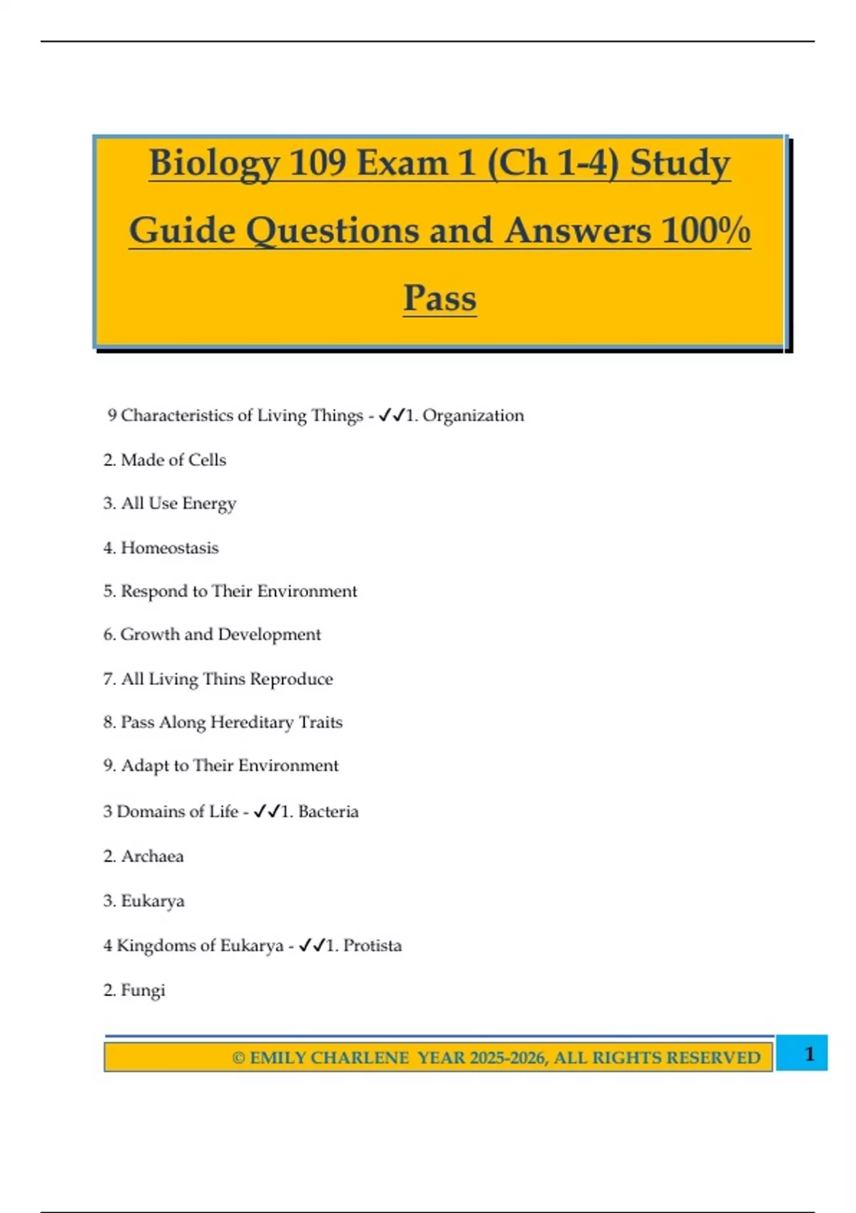Biology 109 Exam 1 (Ch 1-4) Study Guide Questions and Answers 100% Pass ...
